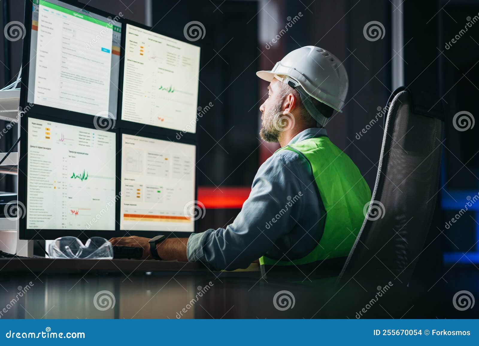 Bearded Operator of Factory Control Industry Process Using Monitors ...