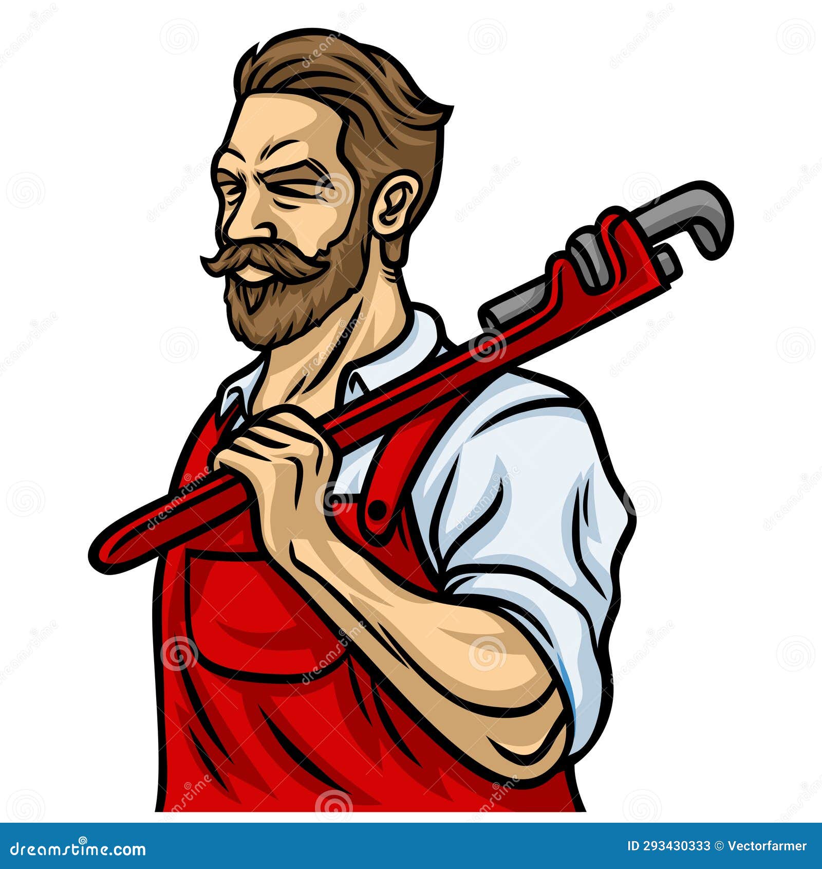 Bearded Plumber Holding Wrench Character Design Illustration Vector ...