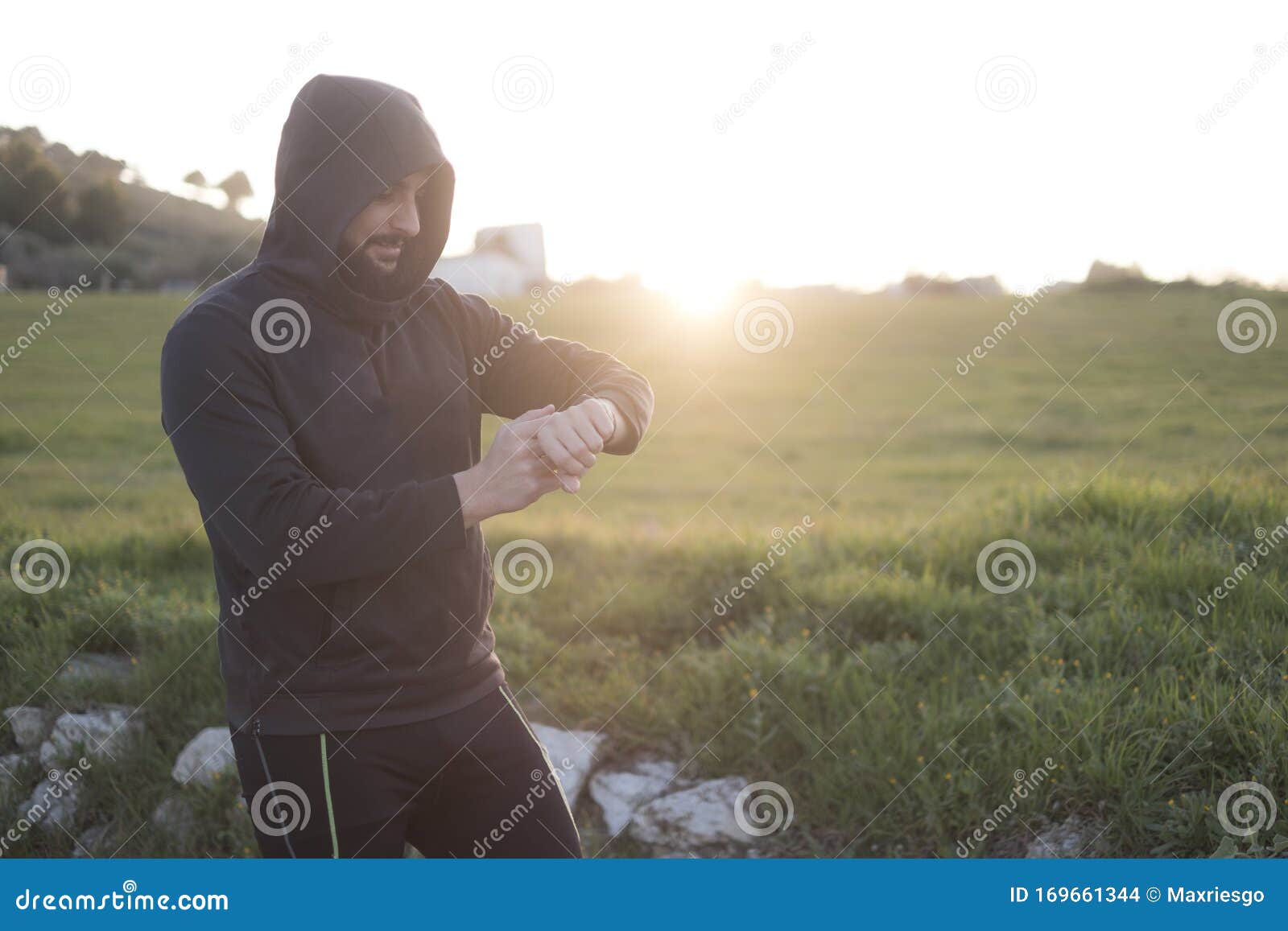 Bearded Runner Resting after Training Outdoors, Looking Watch Stock ...