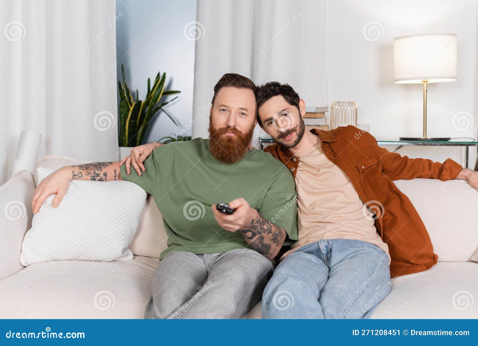 Bearded Same Sex Couple Watching Tv Stock Image Image Of Bearded