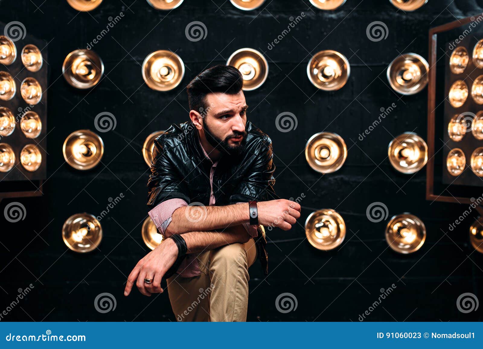 Bearded Singer on Stage with Decorations of Lights Stock Image - Image ...