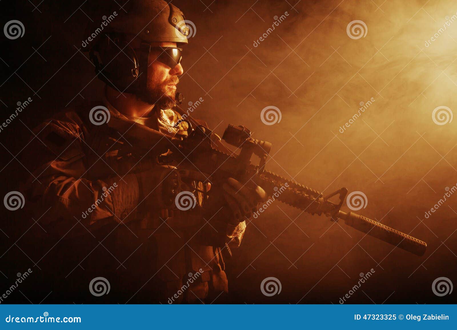 Special Forces Soldier Man With Machine Gun On A Dark Background ...