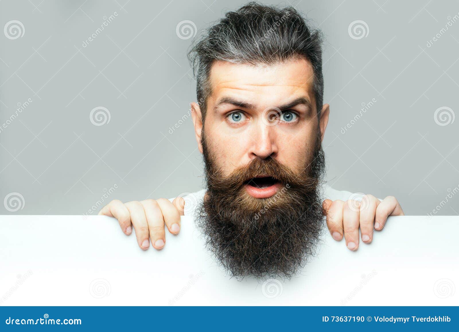 Bearded Surprised Man with Paper Stock Photo - Image of copy, grey ...