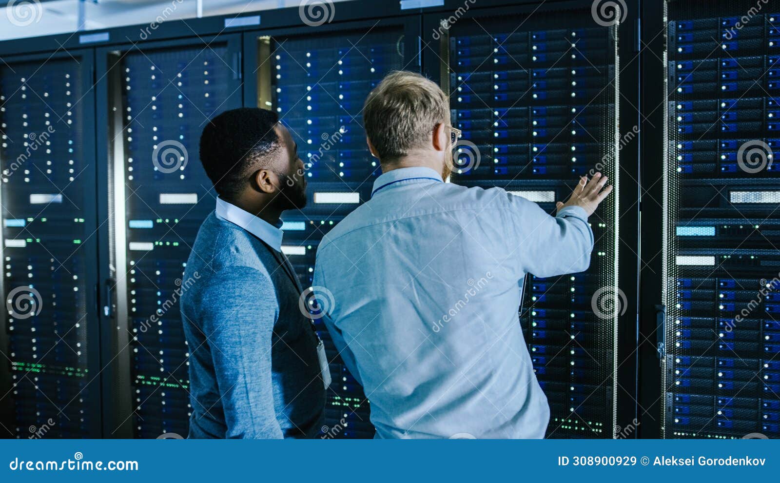 Bearded it Technician in Glasses with a Laptop Computer and Black Male ...