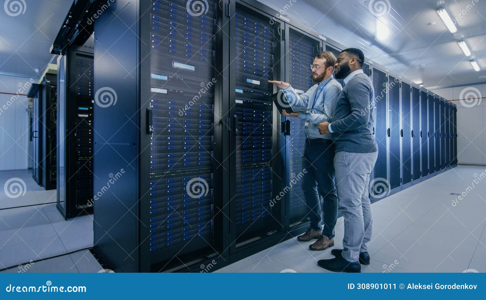 Bearded it Technician in Glasses with a Laptop Computer and Black Male ...