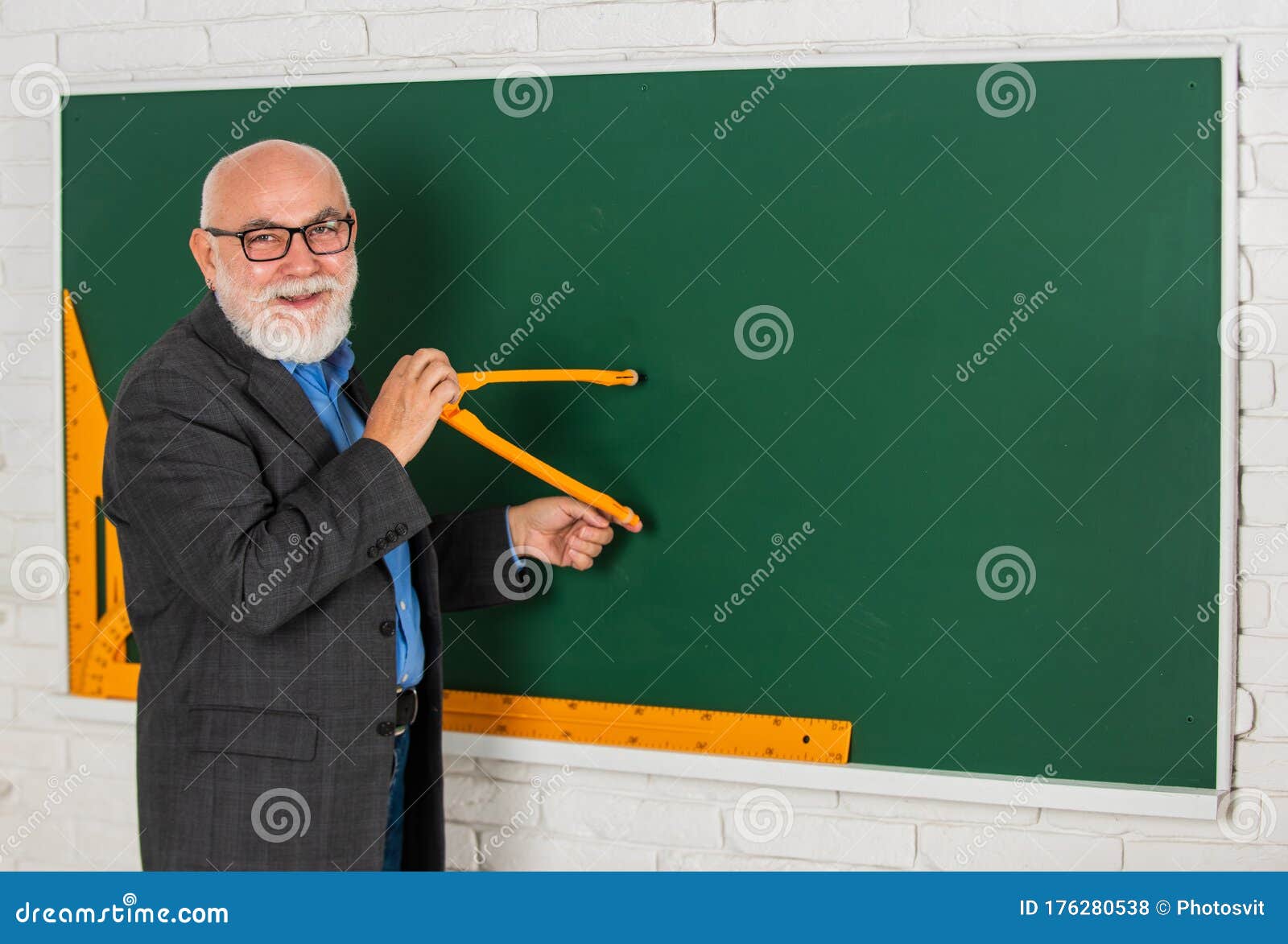 Bearded Tutor Man Draw with Compass on Blackboard. Back To School. Math ...