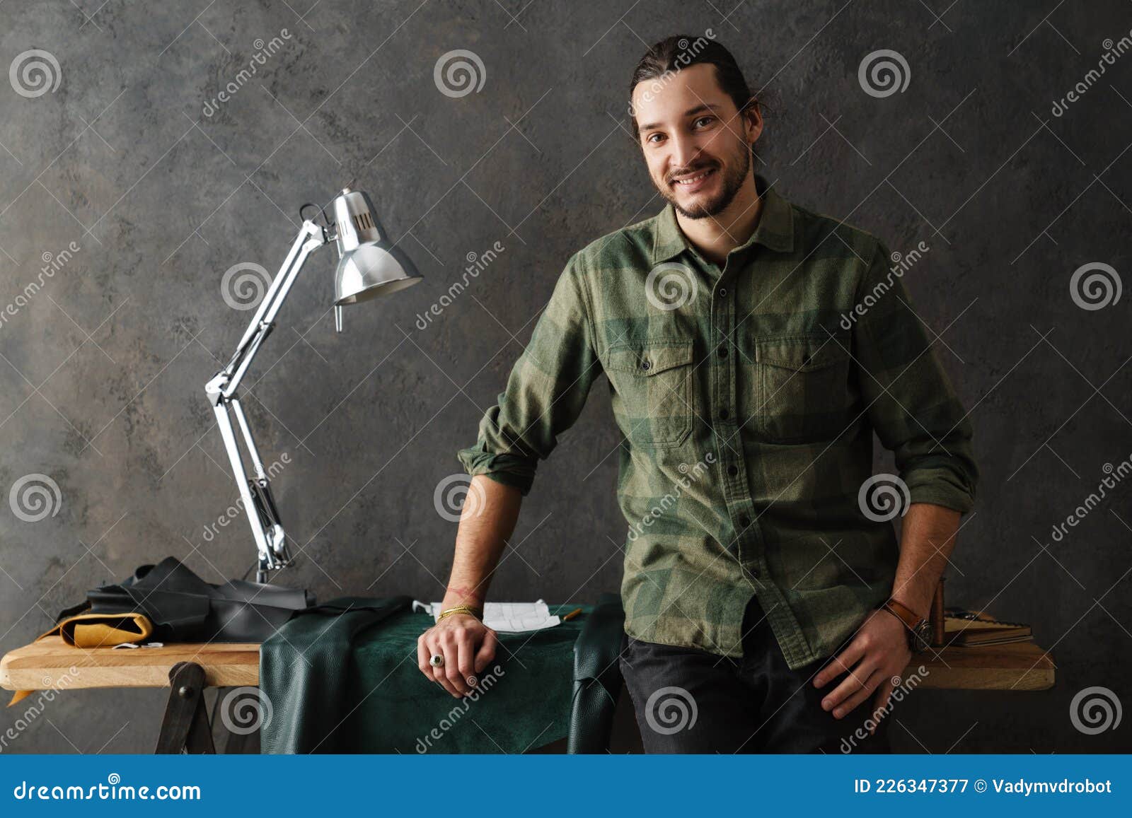 Bearded White Craftsman Smiling and Looking at Camera in Workshop Stock ...