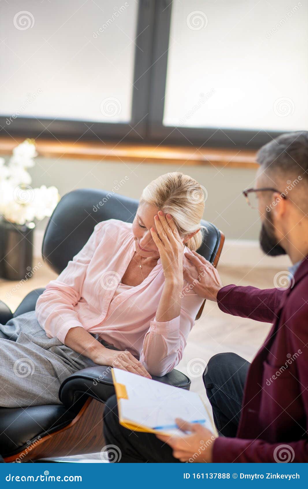 Bearded Young Psychologist Supporting Client during Psychoanalysis ...