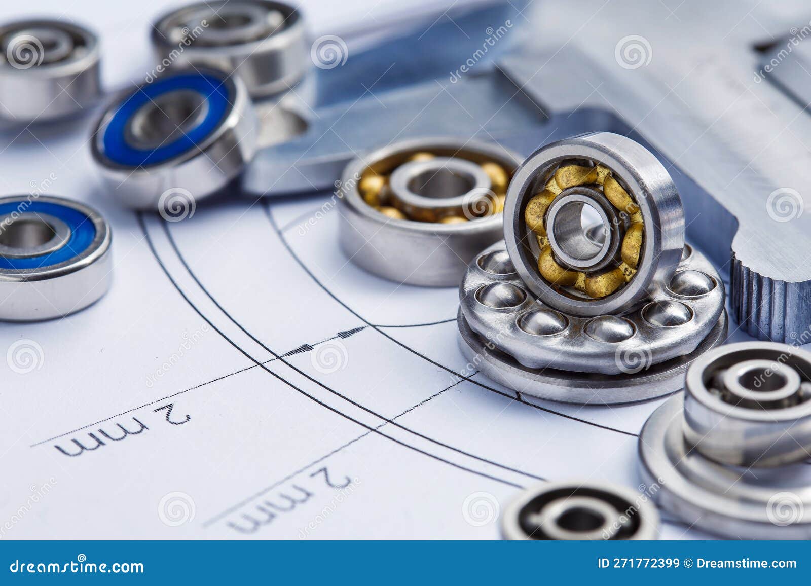 Bearings of Different Types, Micrometer, Caliper and Ruler on the ...