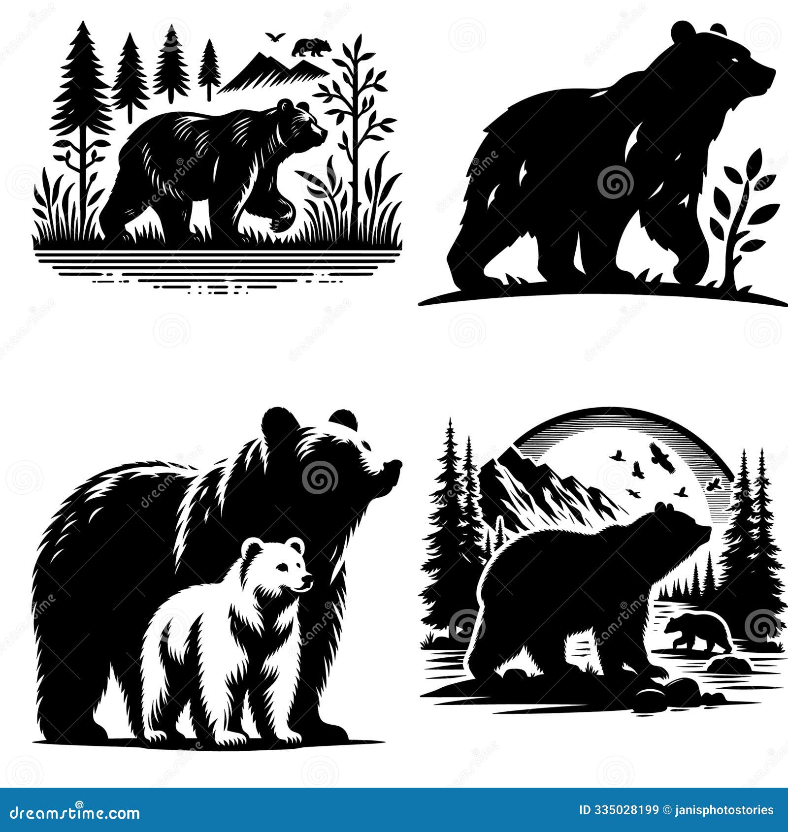 Stylized Bears in the Wilderness, Black and White Illustration, Nature ...