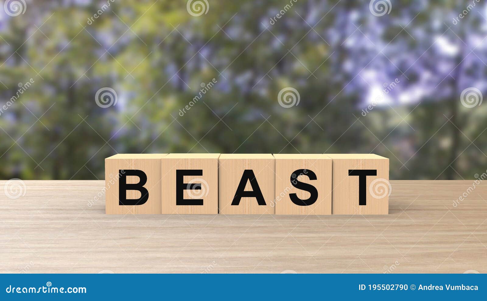 Beast - Word Wooden Cubes on Table Horizontal Over Forest Trees Stock ...