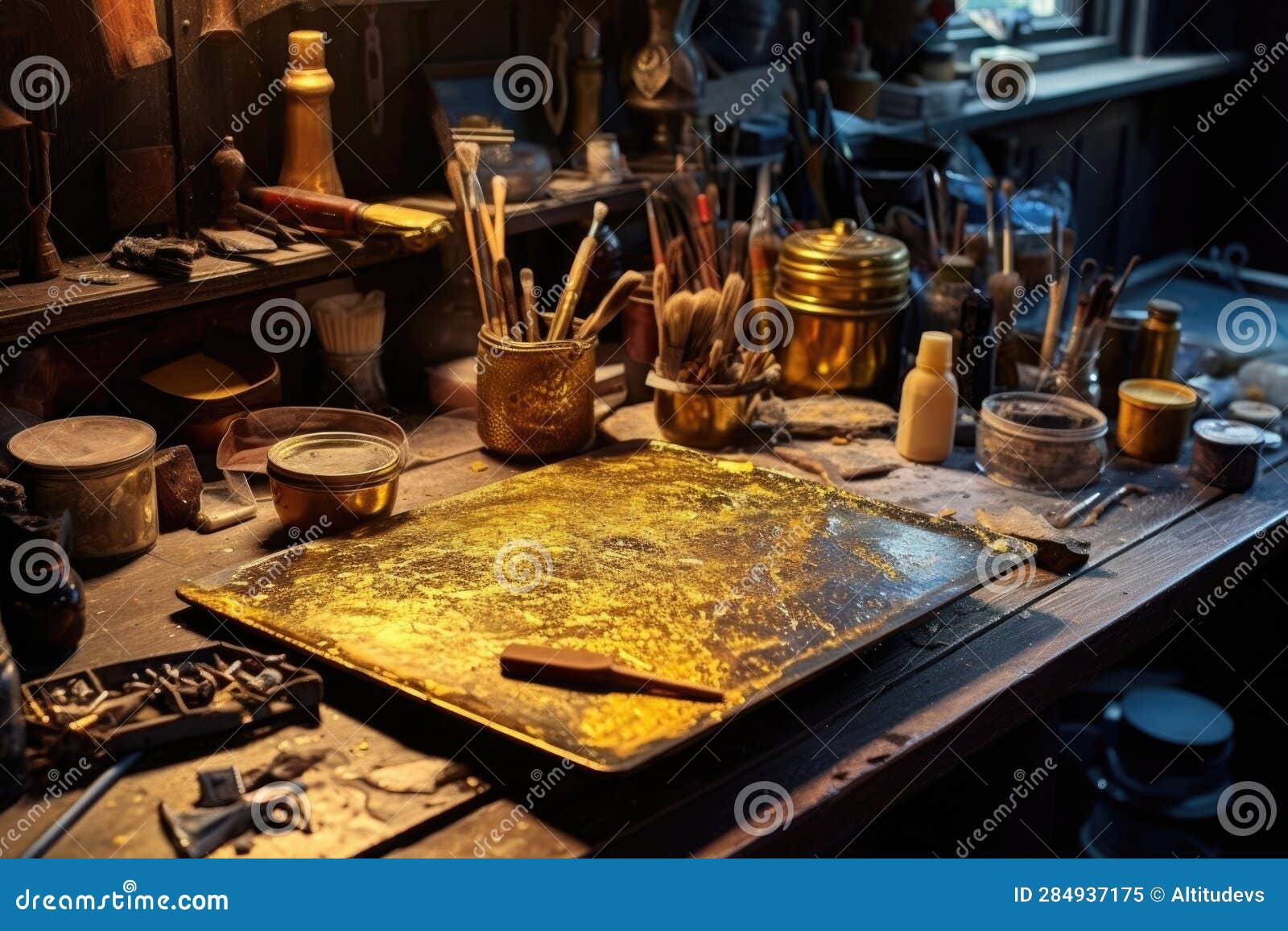 Beaten Gold Foil on an Artisans Workbench Stock Illustration ...