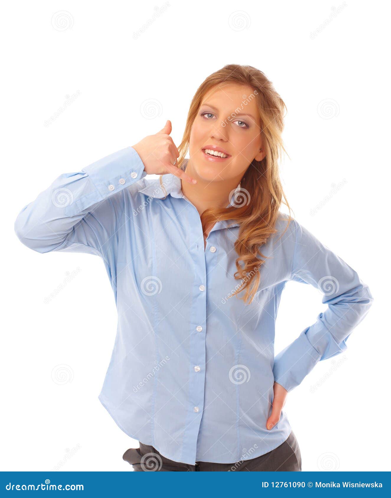 Beatiful Woman Displaying the Call Me Gesture Stock Photo - Image of ...