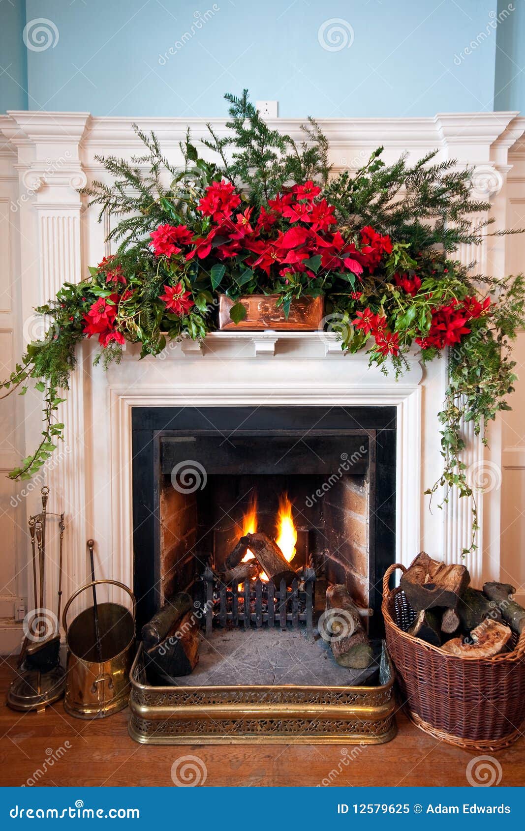 Beatifully Decorated Fireplace with Lit Fire Stock Image - Image of ...