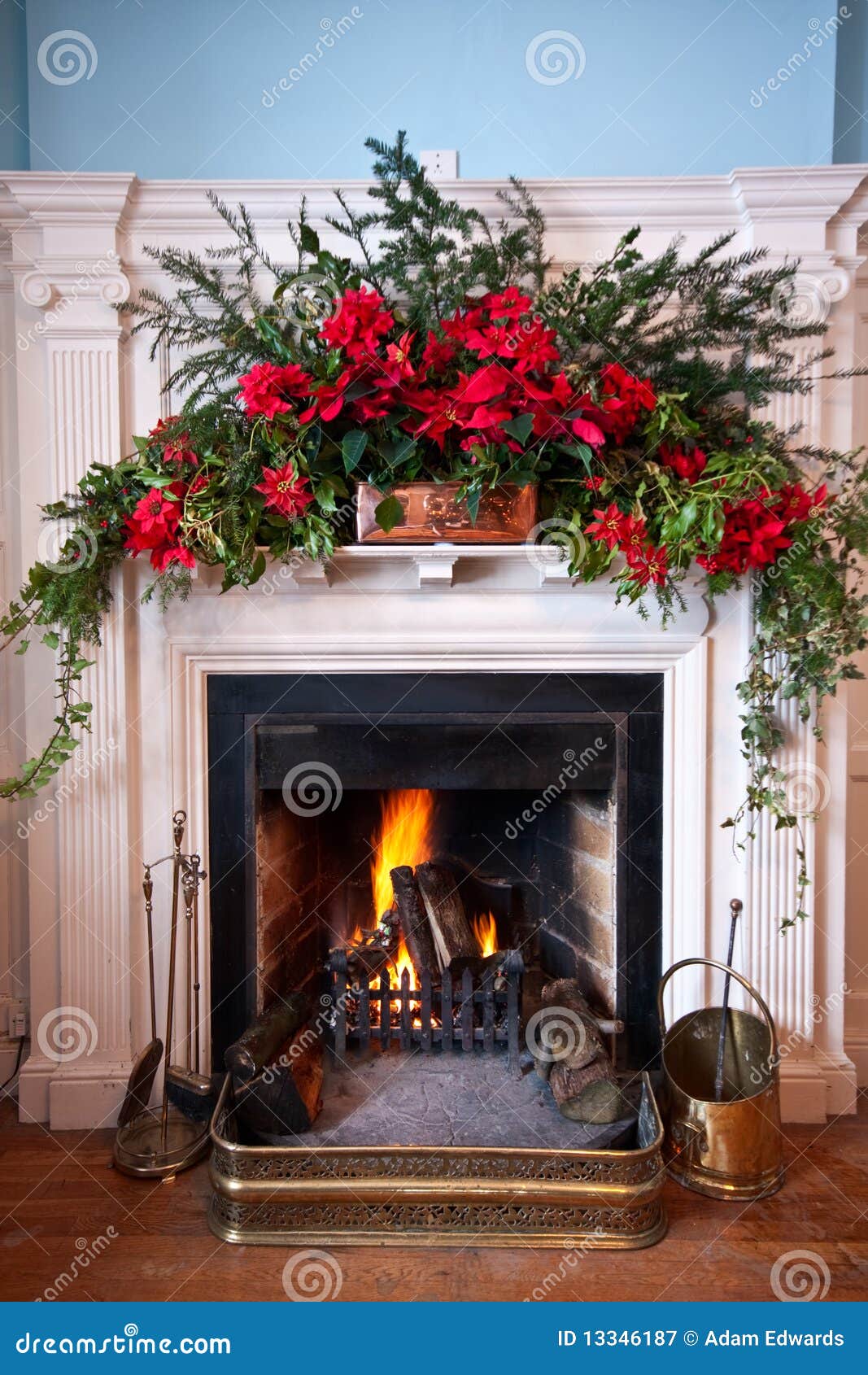 Beatifully Decorated Fireplace with Lit Fire Stock Image - Image of ...