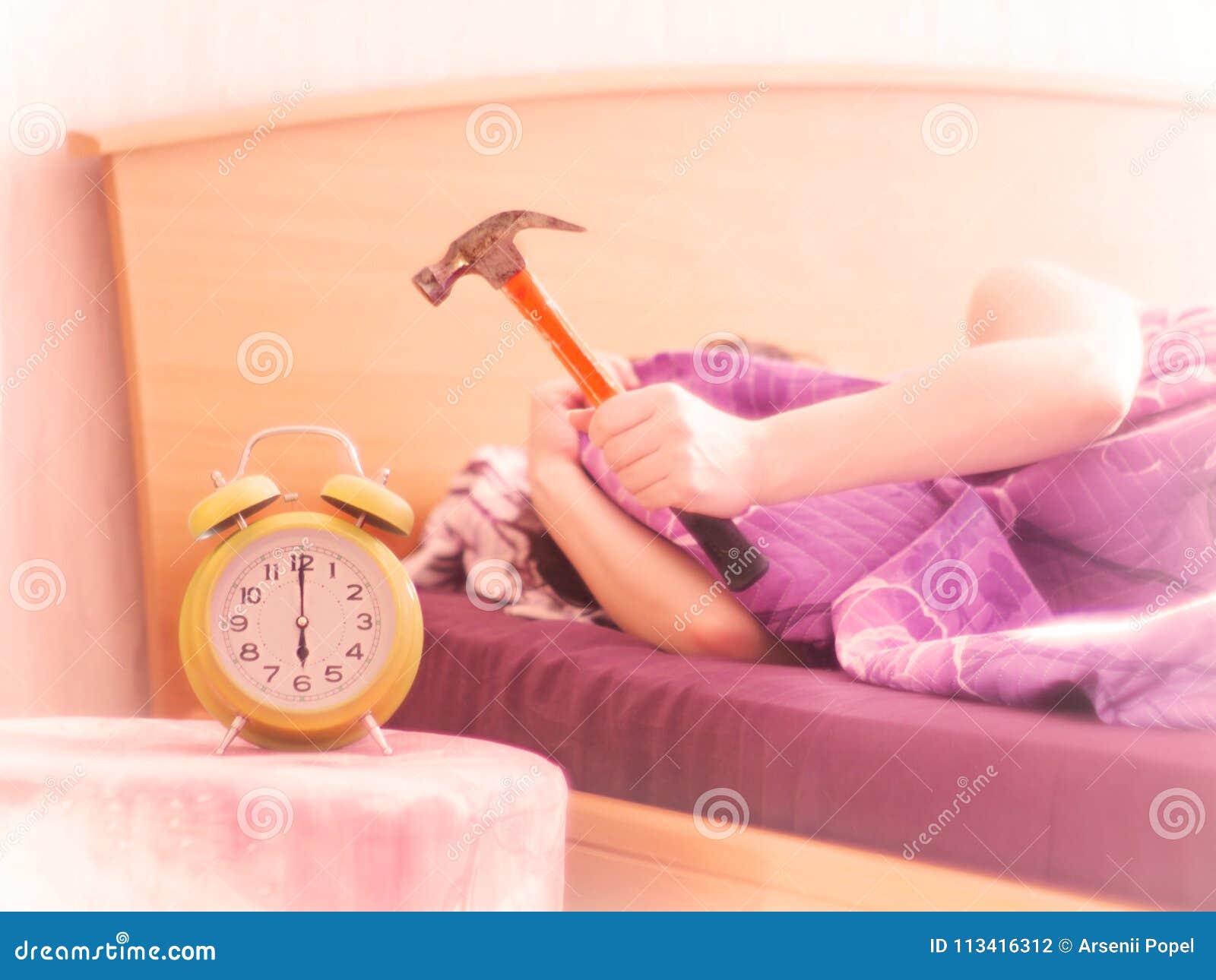Beating the Alarm Clock with Hammer. Concept of Sleep Stock Photo ...