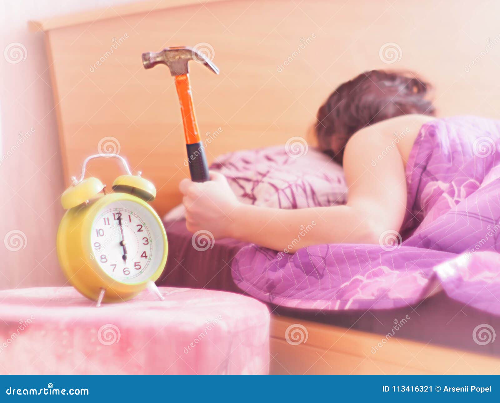 Beating the Alarm Clock with Hammer. Concept of Sleep Stock Image ...
