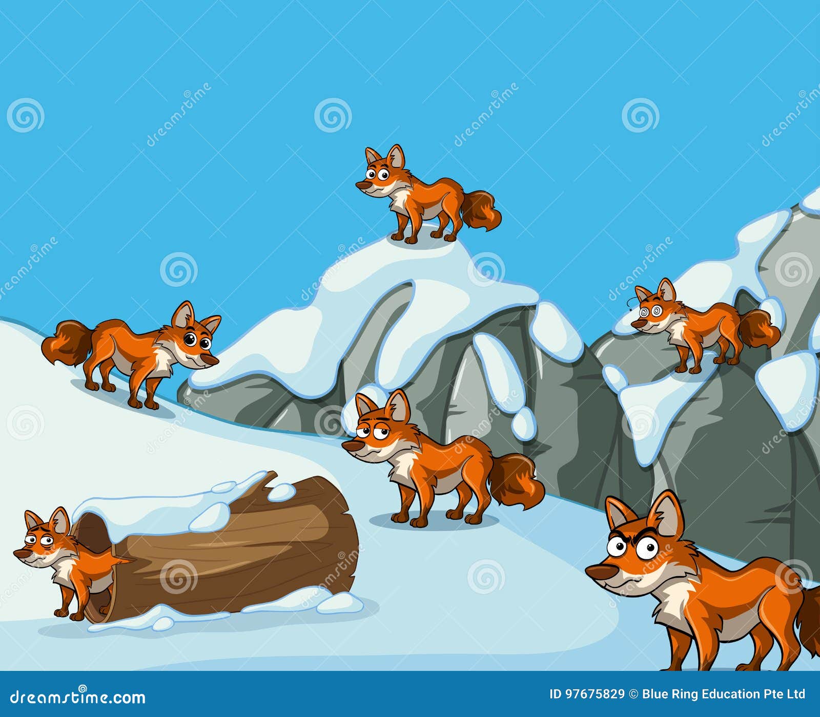 Beaucoup De Renards Sur La Montagne De Neige Illustration de Vecteur ...