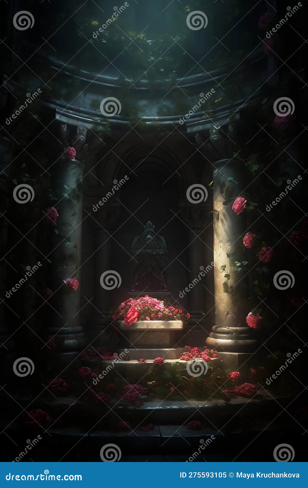 Beautiful Abandoned Ruins Covered with Pink Roses Stock Illustration ...