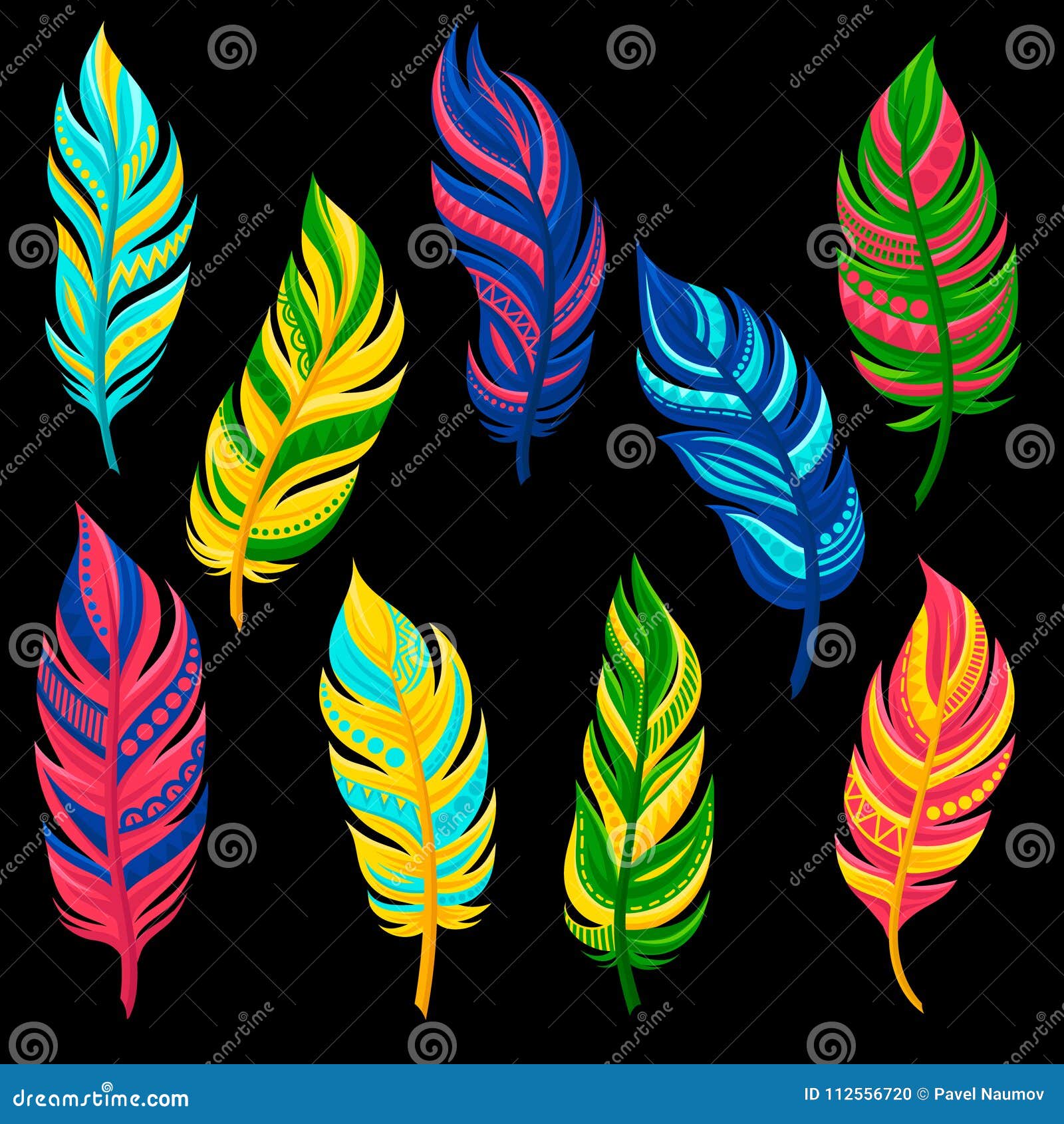 Beautiful Abstract Bright Colored Feathers Set Vector Illustration on a ...