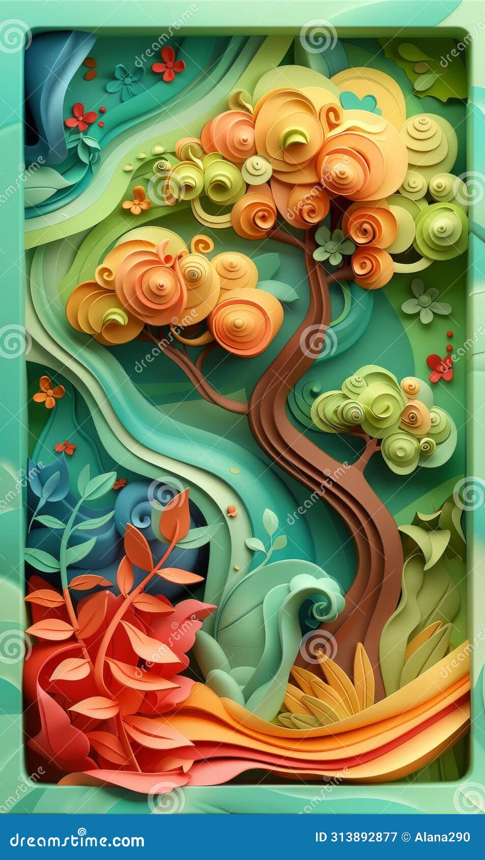 Beautiful Abstract 3d Cartoon Tree with Border Frame Stock Illustration ...