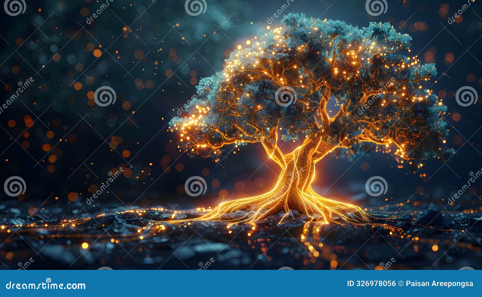 Abstract Glowing Tree with Neon Lines and Nodes in Night Forest Stock ...