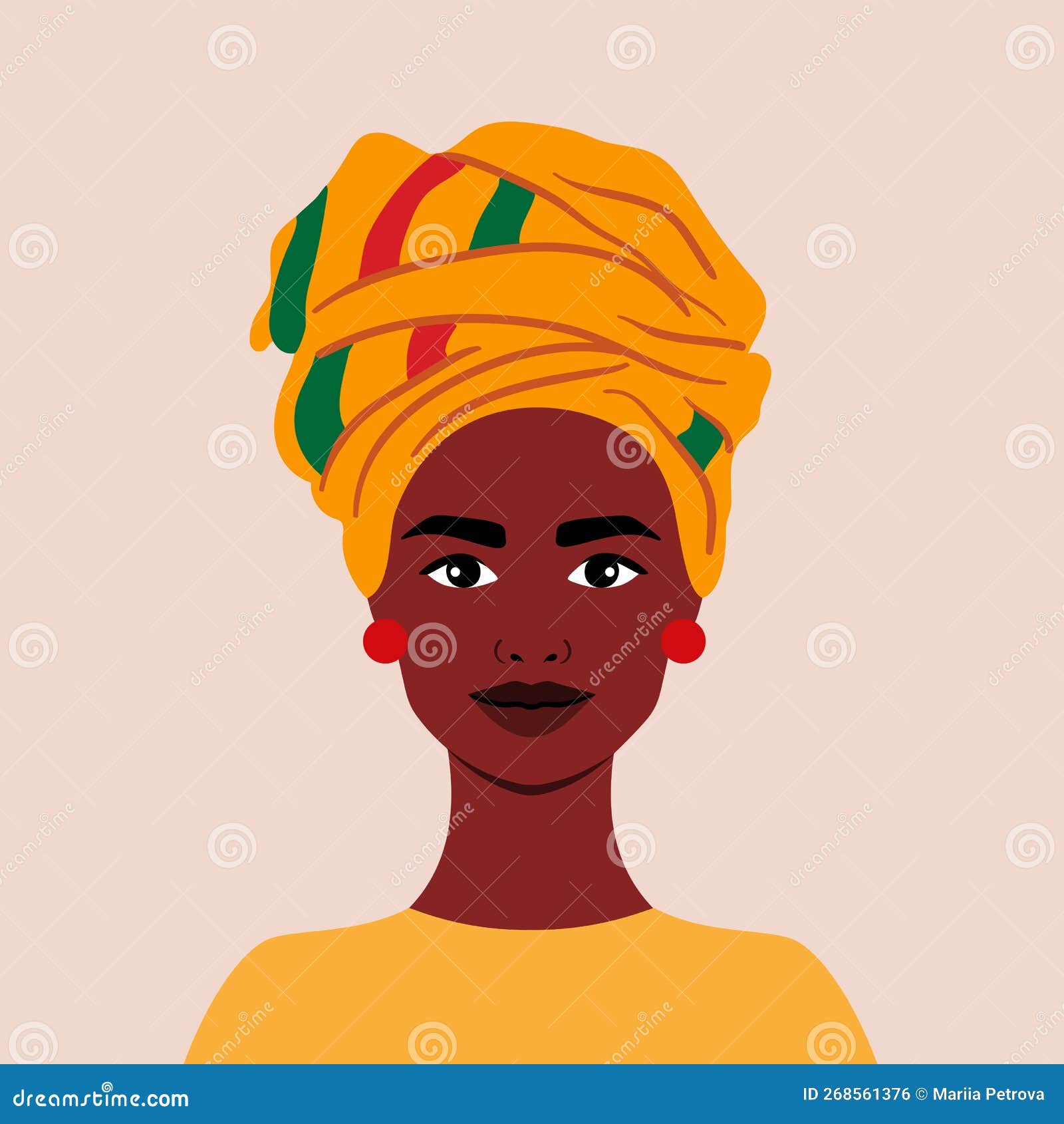 Beautiful African Girl In Traditional Headdress Full Face Portrait In