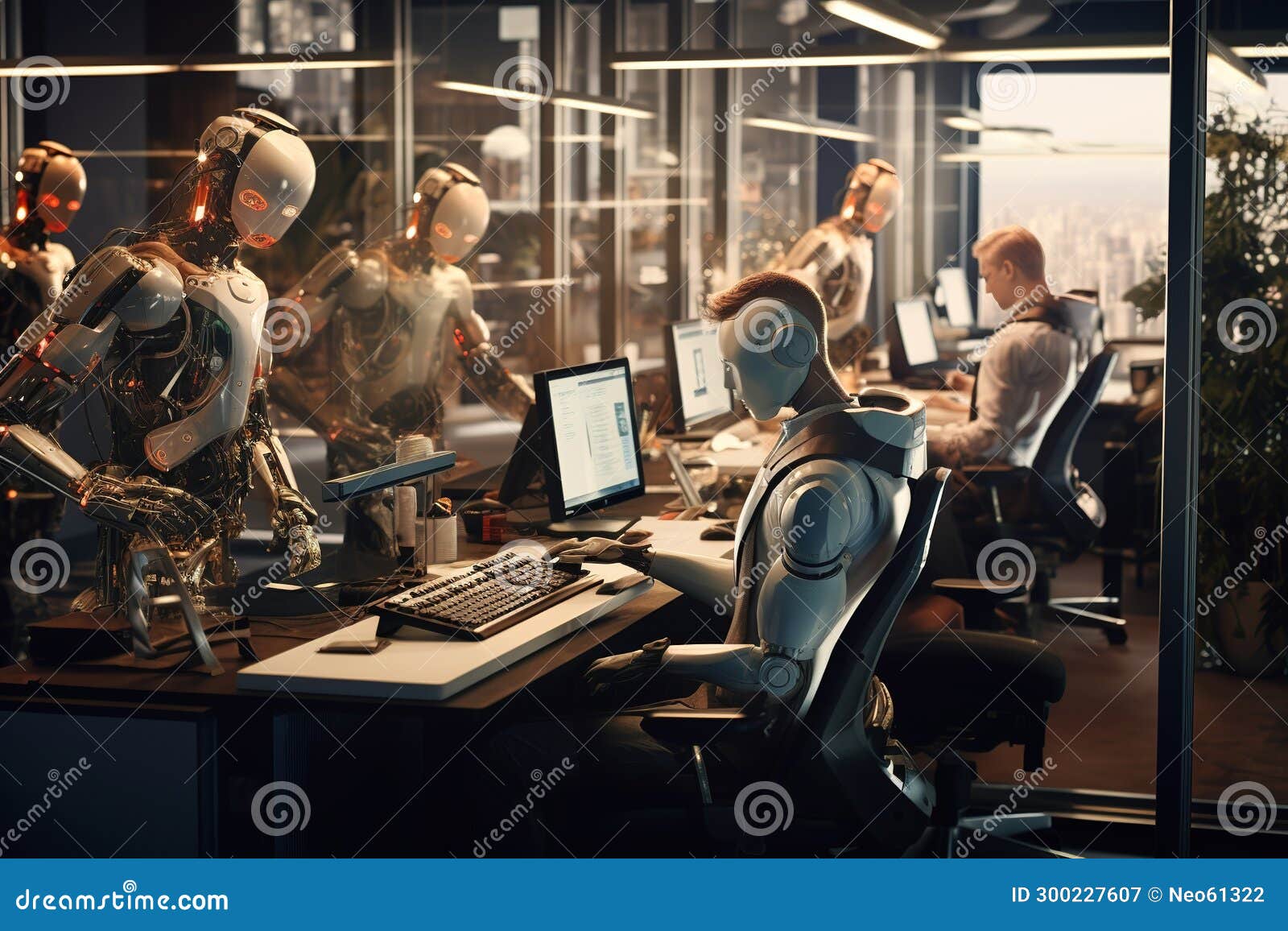 AI Robots Using Multiple Computers Working Monitoring Data in Office Generative AI Stock ...