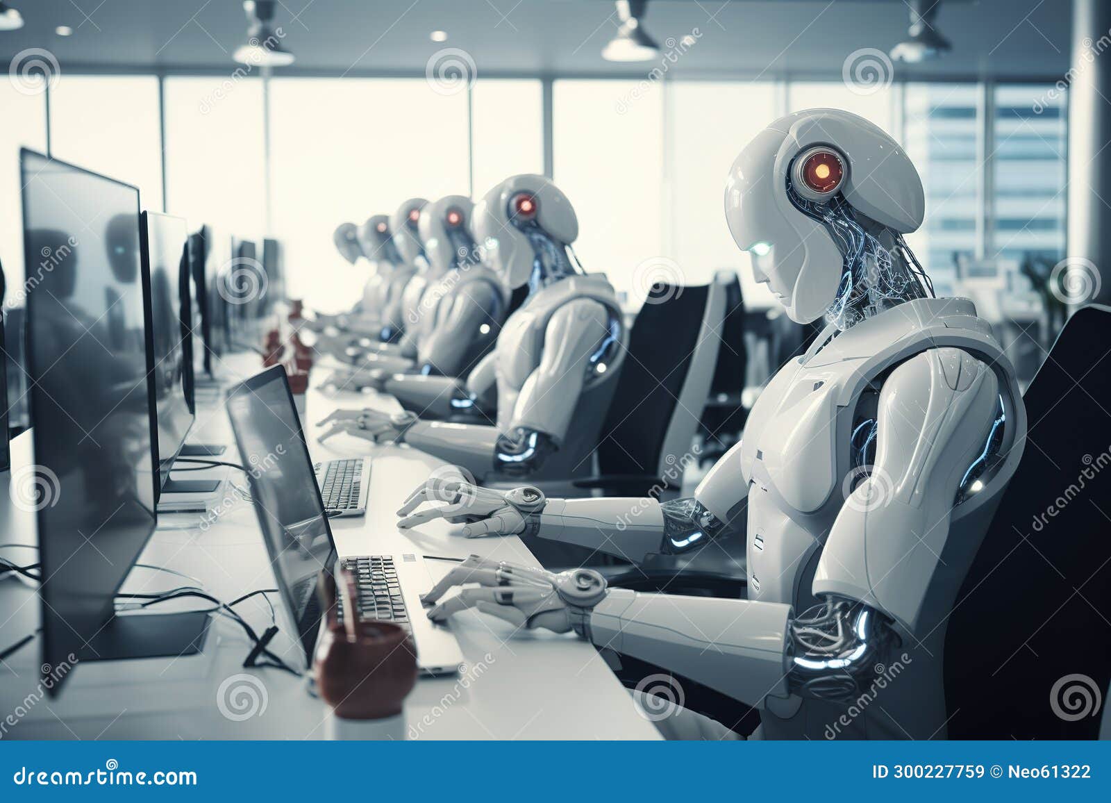 AI Robots Using Multiple Computers Working Monitoring Data in Office Generative AI Stock ...