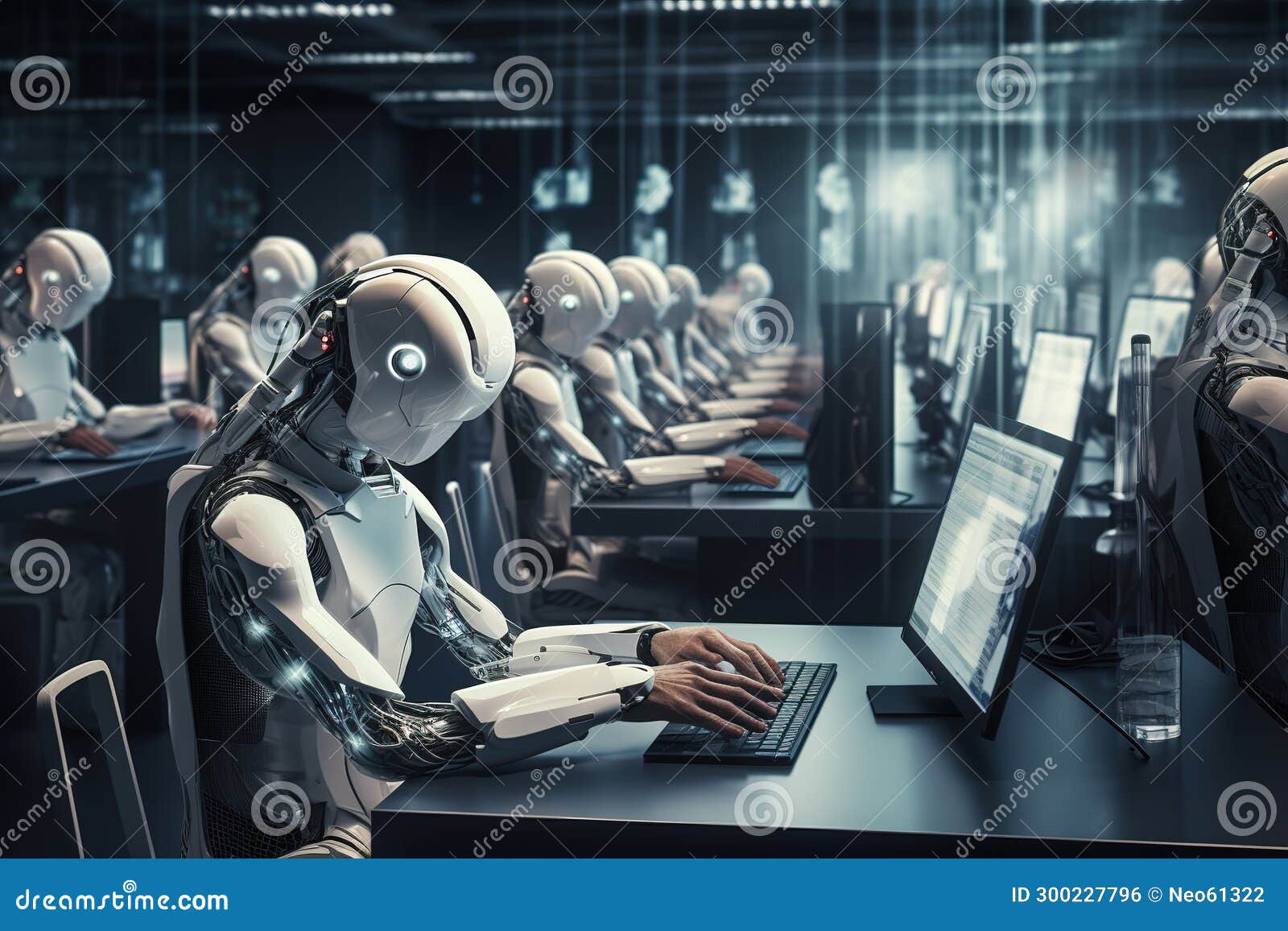 AI Robots Using Multiple Computers Working Monitoring Data in Office Generative AI Stock ...