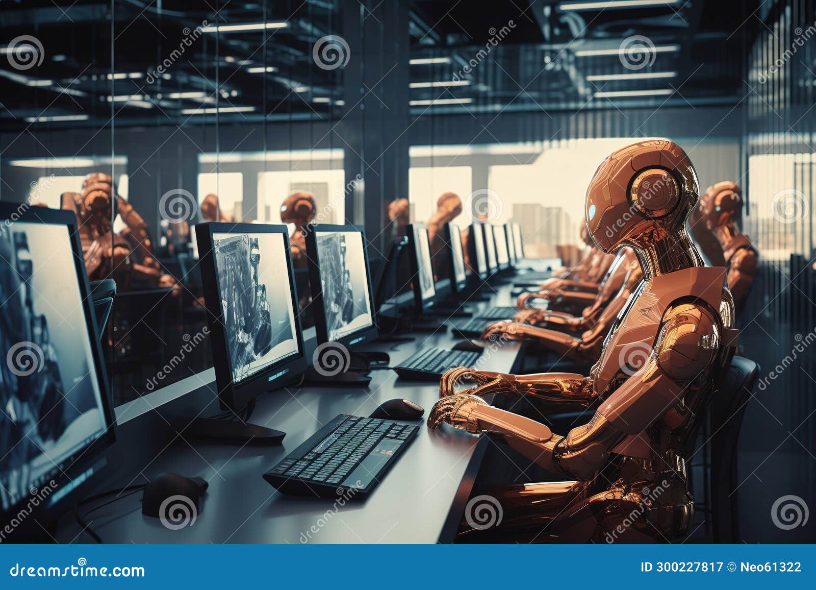 AI Robots Using Multiple Computers Working Monitoring Data in Office ...