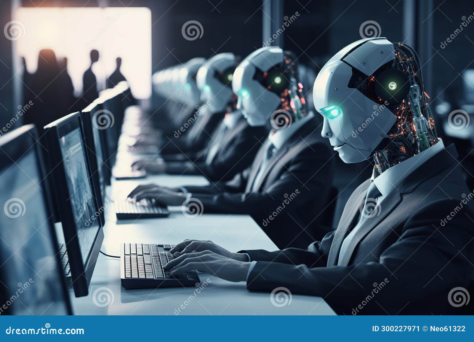 AI Robots Using Multiple Computers Working Monitoring Data in Office Generative AI Stock ...