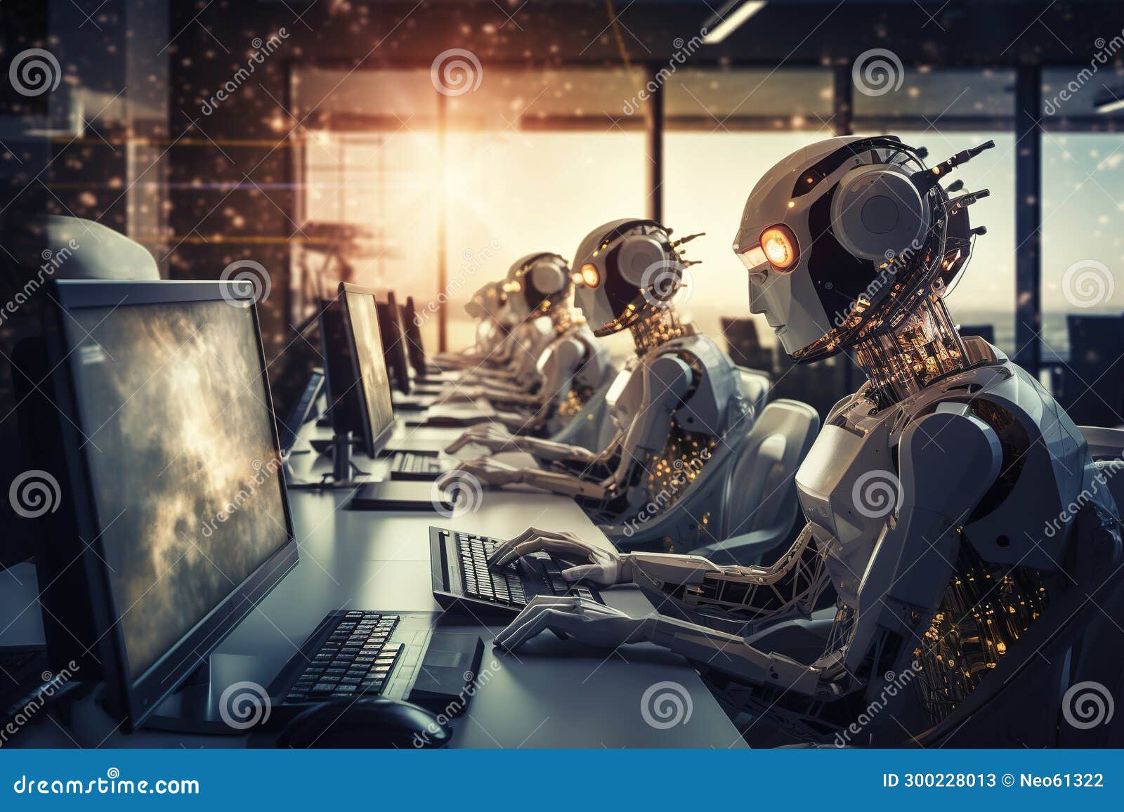 AI Robots Using Multiple Computers Working Monitoring Data in Office Generative AI Stock ...