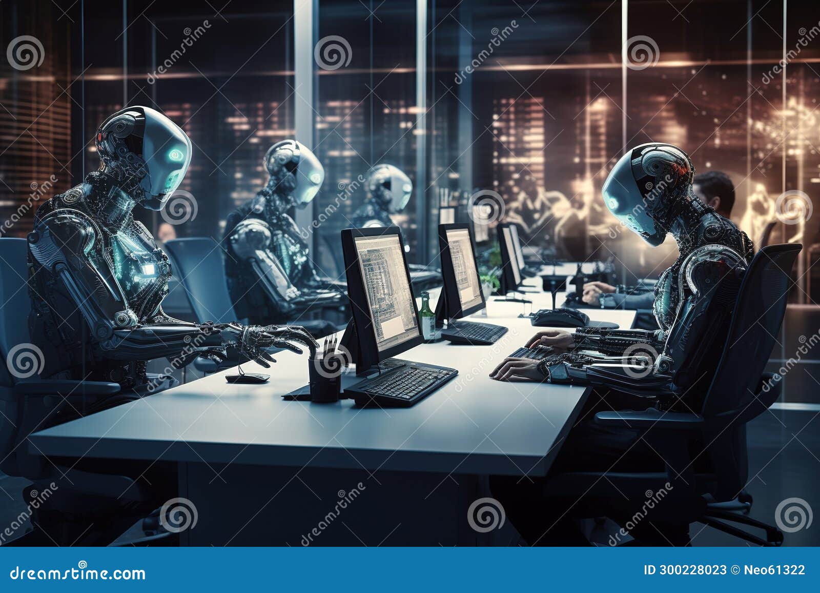 AI Robots Using Multiple Computers Working Monitoring Data in Office Generative AI Stock ...