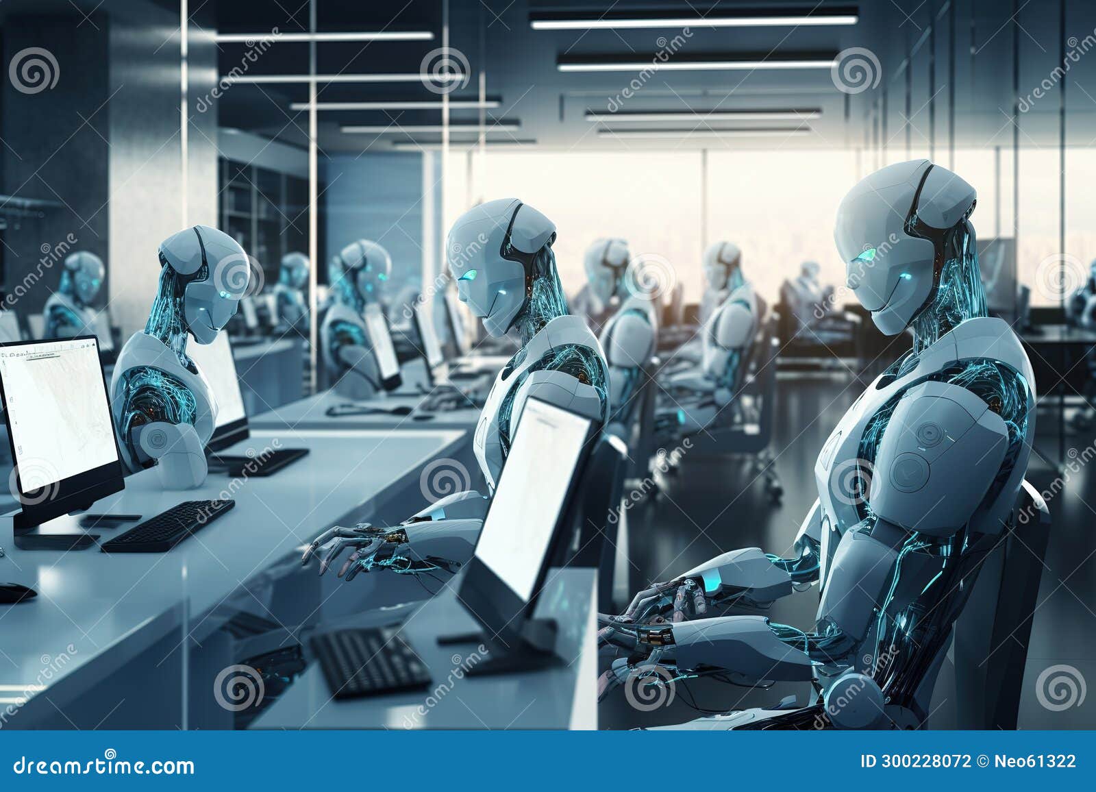 AI Robots Using Multiple Computers Working Monitoring Data in Office ...