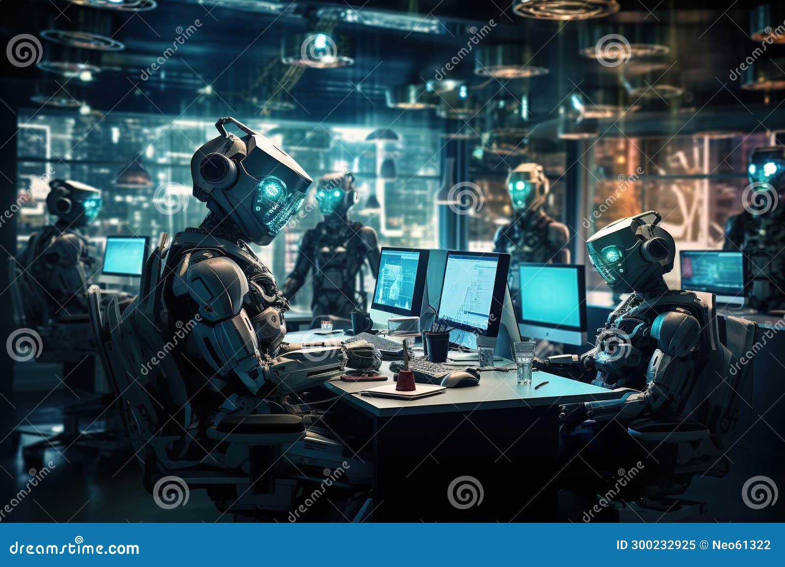 AI Robots Using Multiple Computers Working Monitoring Data in Office Generative AI Stock ...