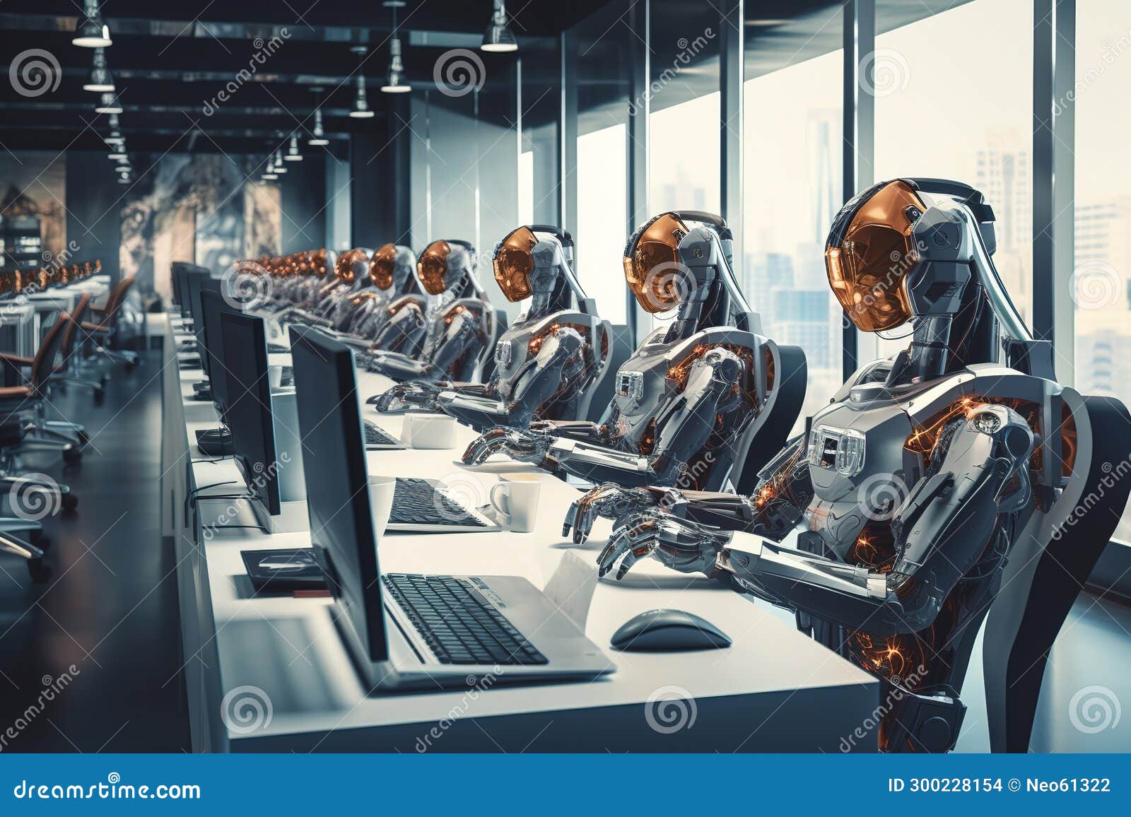 Ai Robots Using Multiple Computers Working Monitoring Data In Office Generative Ai Stock