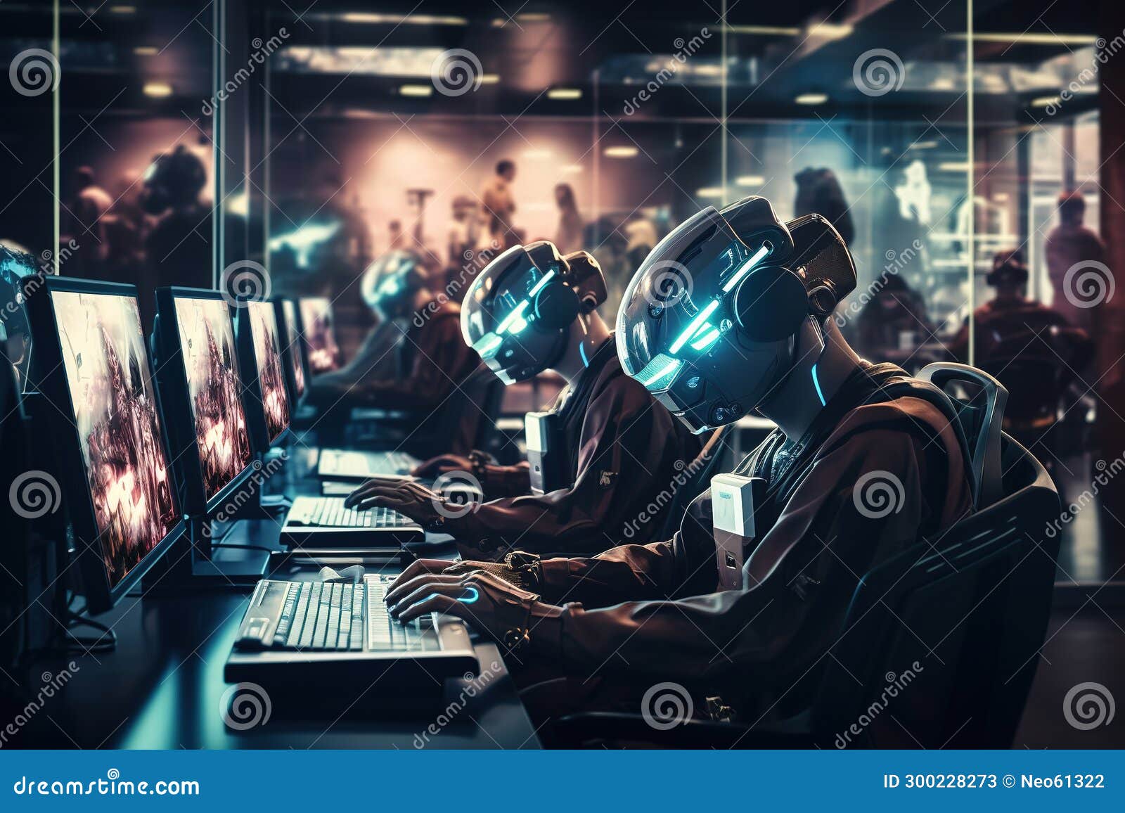 Ai Robots Using Multiple Computers Working Monitoring Data In Office Generative Ai Stock