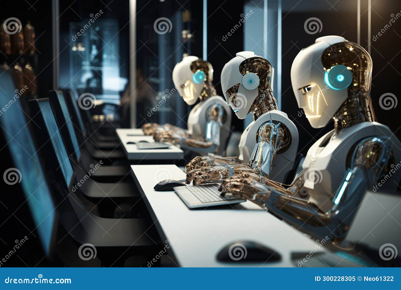 AI Robots Using Multiple Computers Working Monitoring Data in Office Generative AI Stock ...