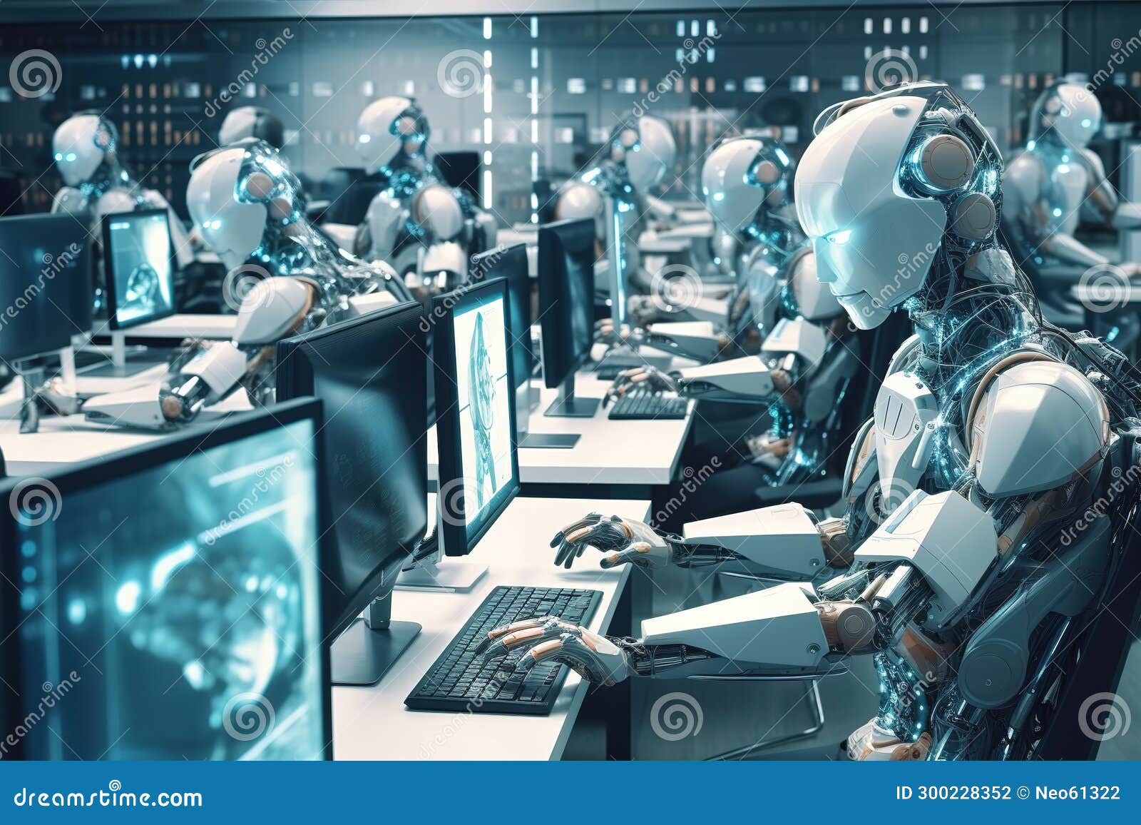 AI Robots Using Multiple Computers Working Monitoring Data in Office Generative AI Stock ...