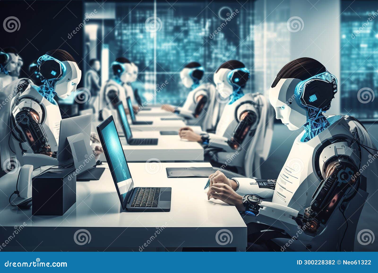 Ai Robots Using Multiple Computers Working Monitoring Data In Office Generative Ai Stock