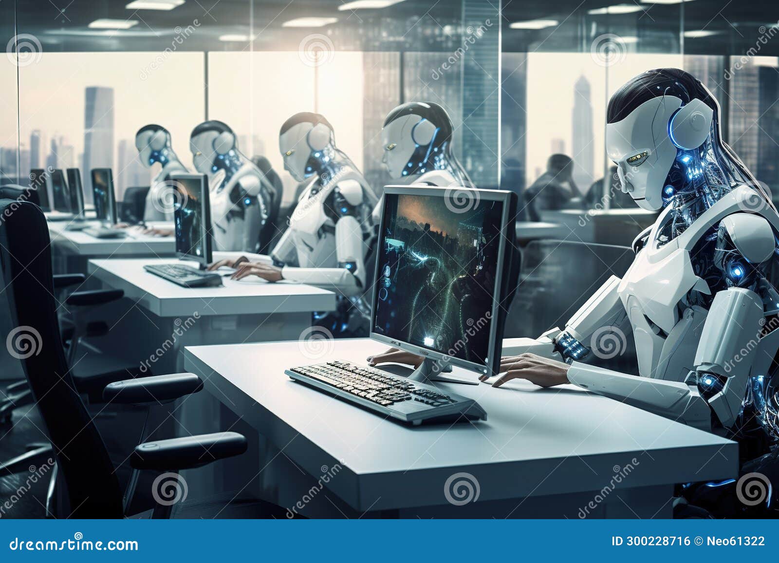 AI Robots Using Multiple Computers Working Monitoring Data in Office ...