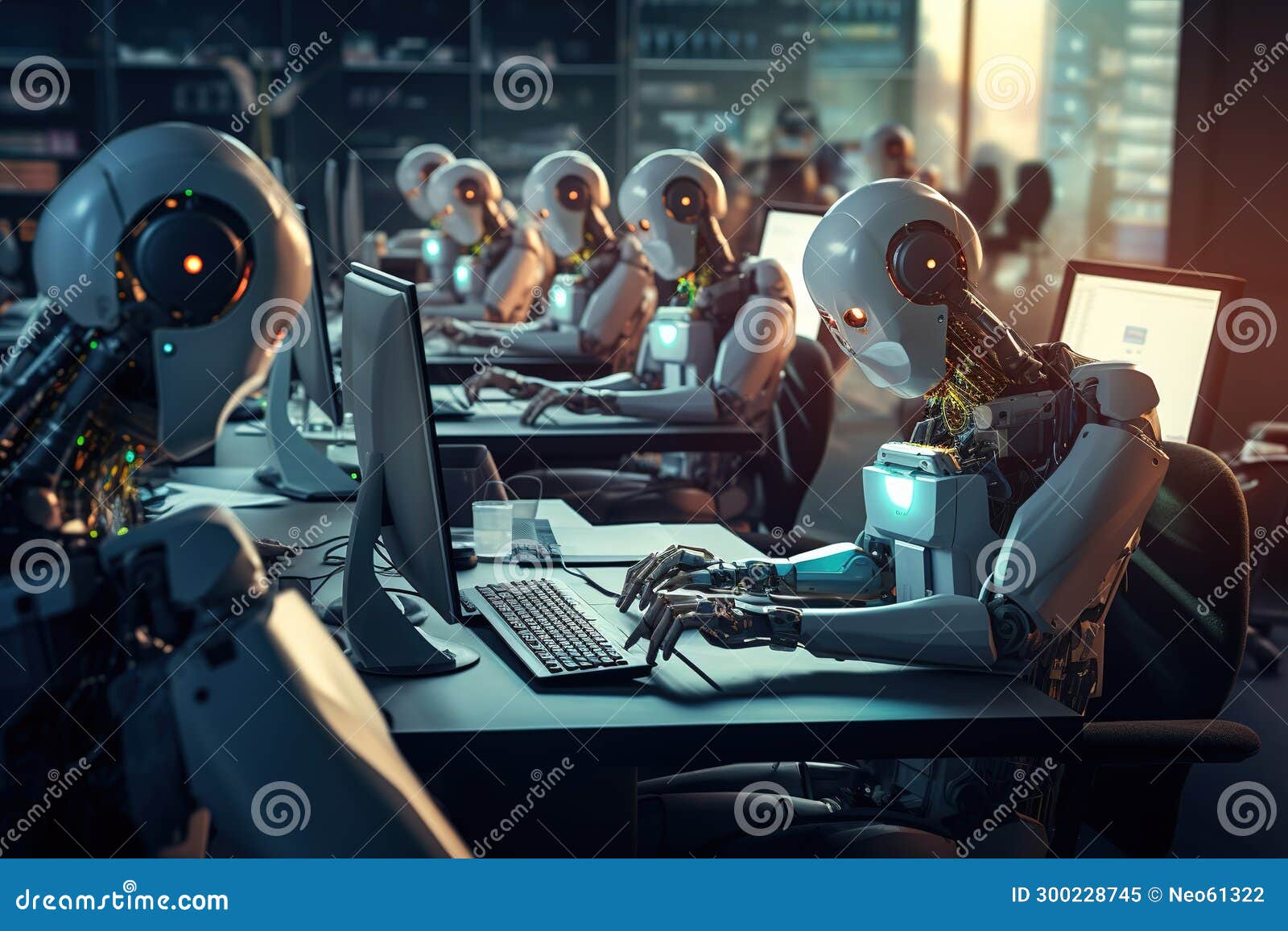 Ai Robots Using Multiple Computers Working Monitoring Data In Office Generative Ai Stock