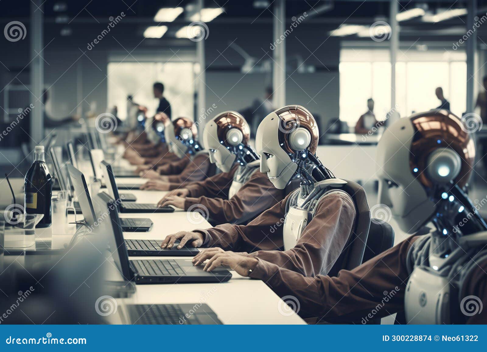 Ai Robots Using Multiple Computers Working Monitoring Data In Office Generative Ai Stock
