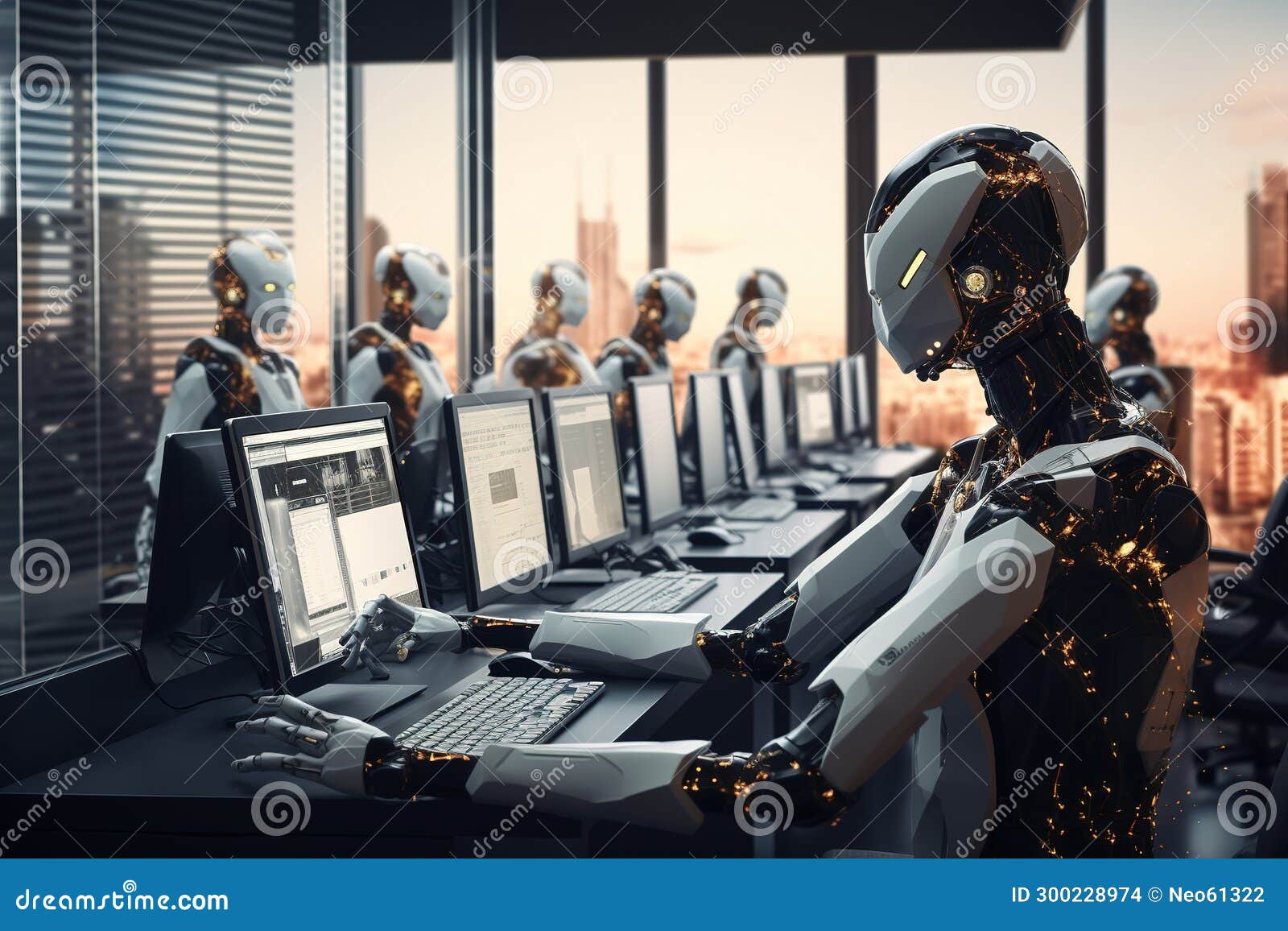 AI Robots Using Multiple Computers Working Monitoring Data in Office Generative AI Stock ...