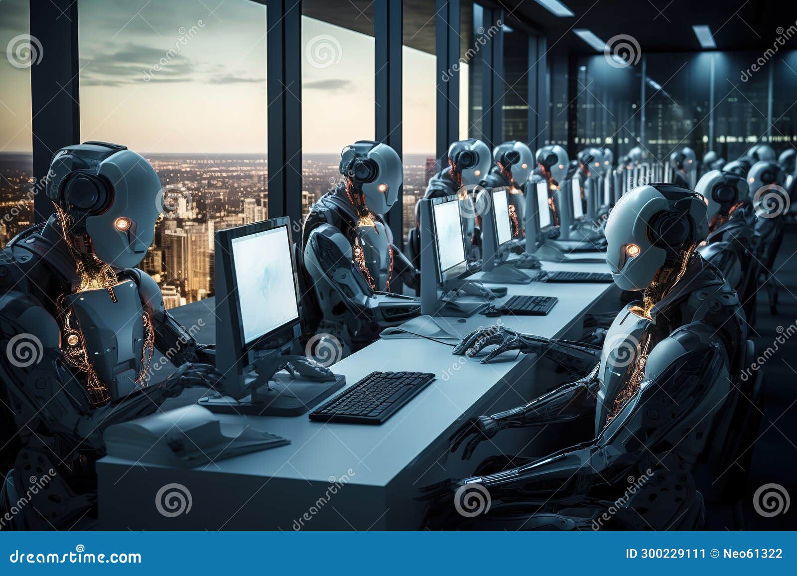 AI Robots Using Multiple Computers Working Monitoring Data in Office Generative AI Stock ...