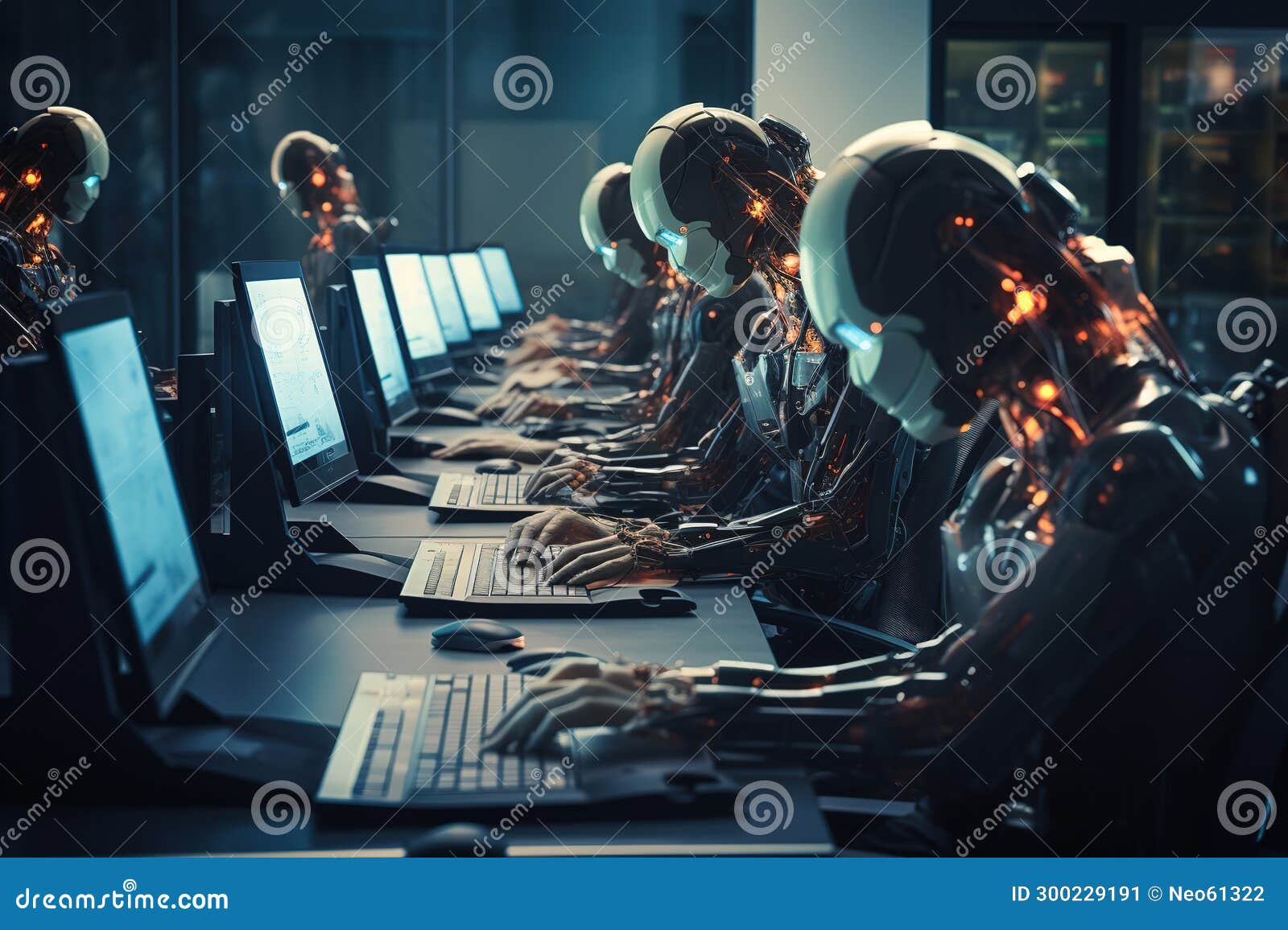 AI Robots Using Multiple Computers Working Monitoring Data in Office ...