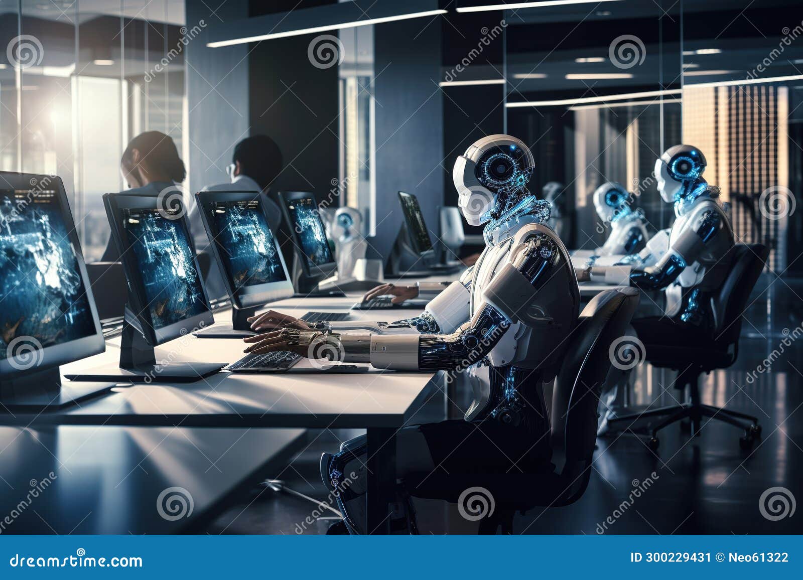 Ai Robots Using Multiple Computers Working Monitoring Data In Office Generative Ai Stock