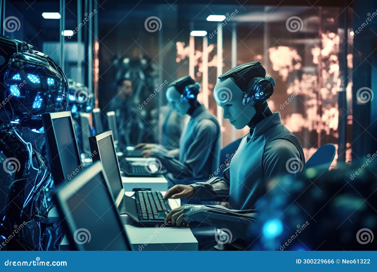 AI Robots Using Multiple Computers Working Monitoring Data in Office ...