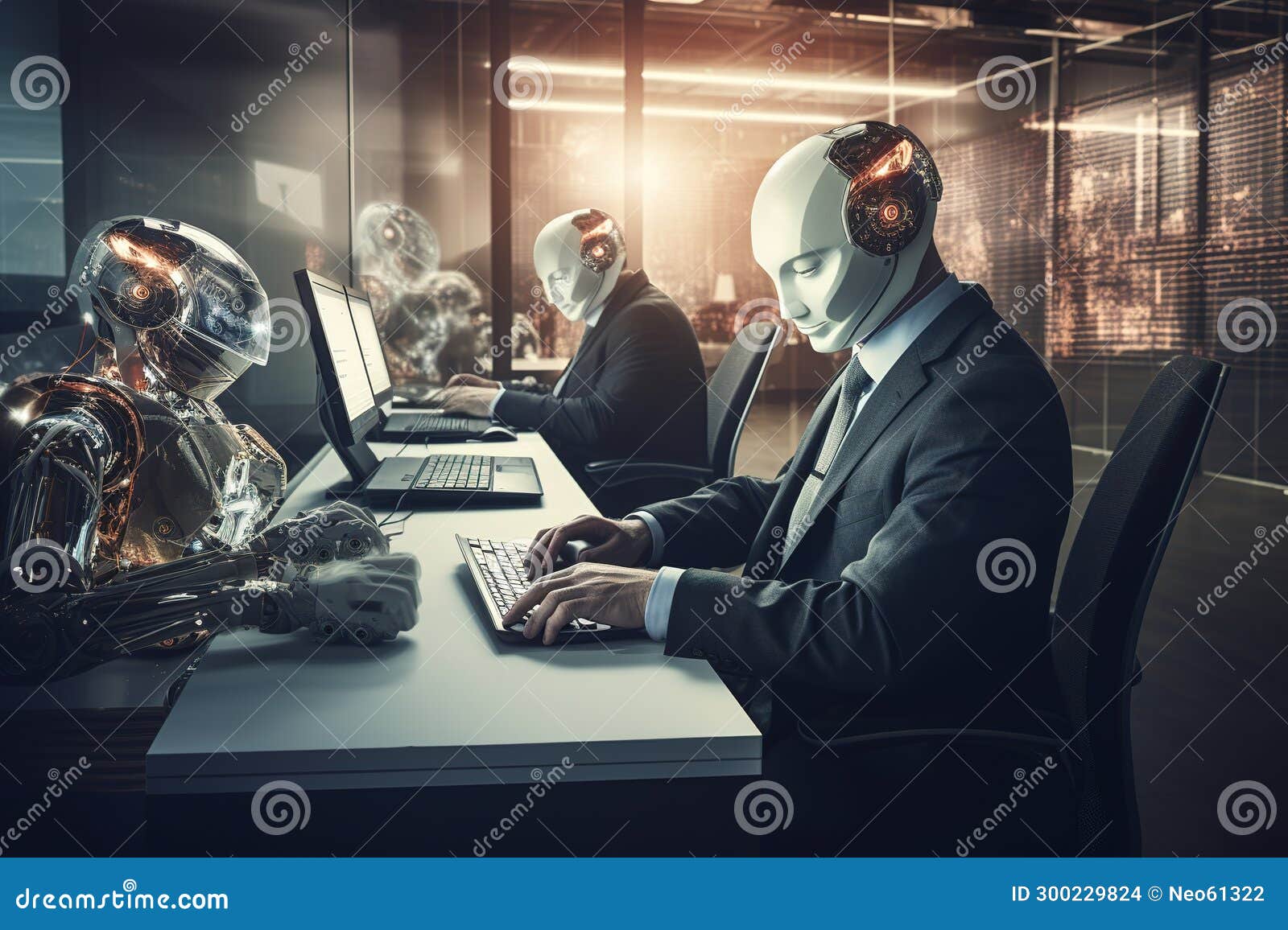 Ai Robots Using Multiple Computers Working Monitoring Data In Office Generative Ai Stock